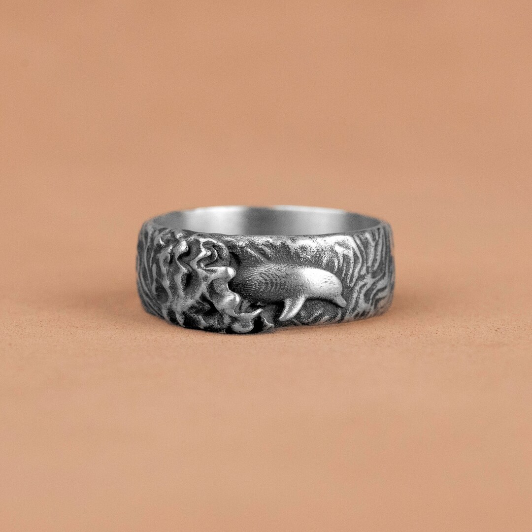 Unique 3D Dolphin Band Ring, Nautical Wedding Ring for Bride and Groom ...