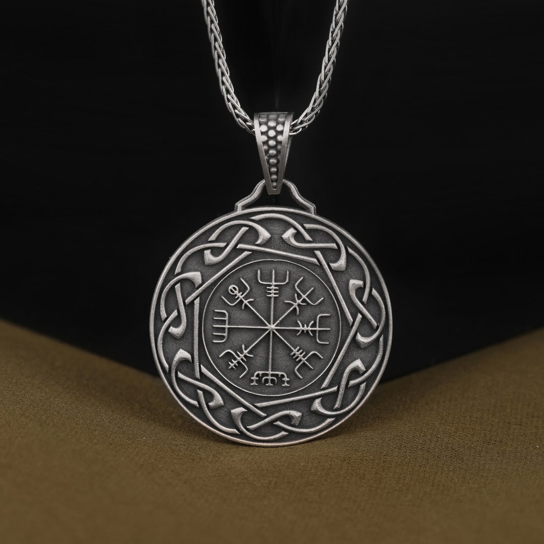 Viking Compass Vegvisir Medallion, Nordic Knot Ornamented Sterling ...