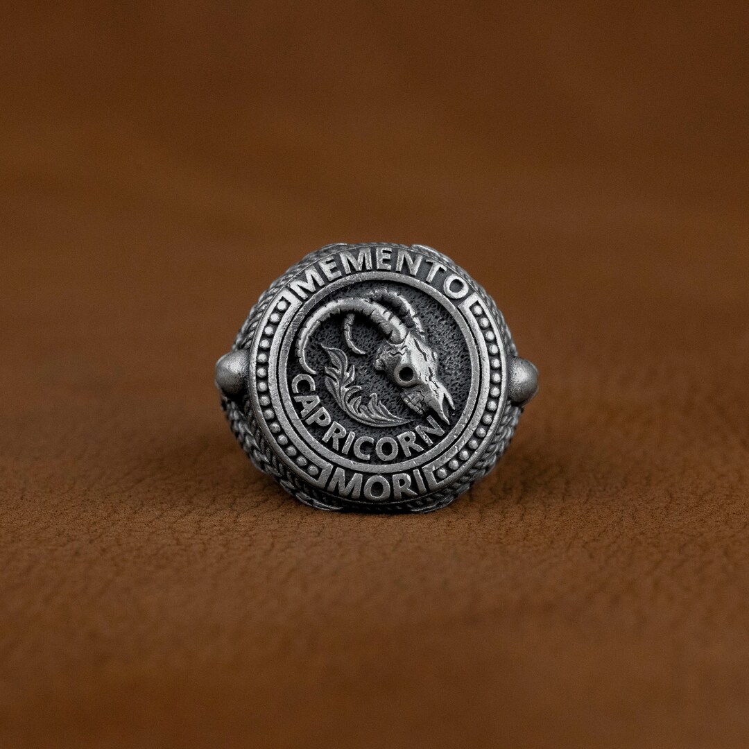 Capricorn Gothic Silver Biker Men Ring, Memento Mori Zodiac Signet Ring ...