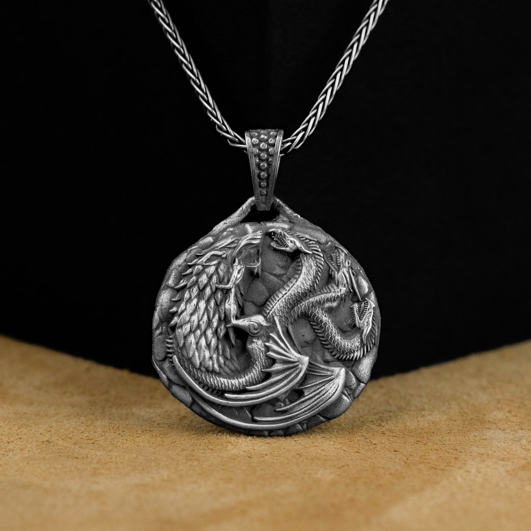 Dragon Pendant, Silver Fighting Dragon and Wolf Men Necklace, Got Stark ...