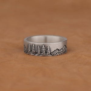 Mountains and Pine Trees Forest Art Ring Silver Ring, Minimalist 925 ...
