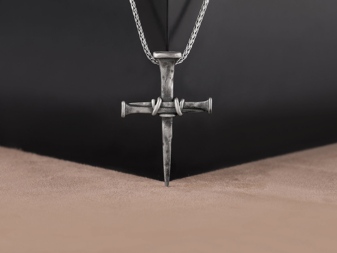 Cross of Nails Necklace, 3D Cross Pendant, Crucifix Necklace, Sterling ...