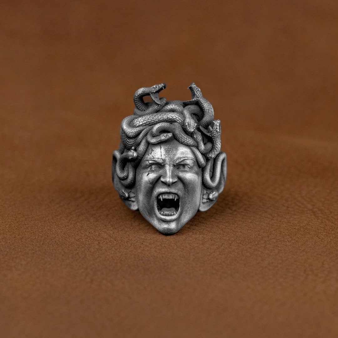 Medusa Silver Ring, Angry Medusa Sterling Silver Men Ring, Snake Hair ...
