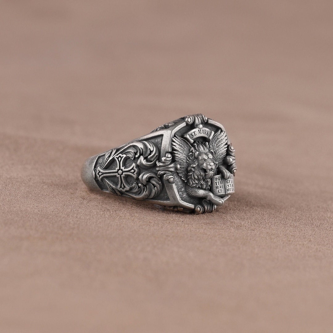 Saint Mark Lion Ring, Evangelist Lion Cross Pattern Signet Ring, 925 ...