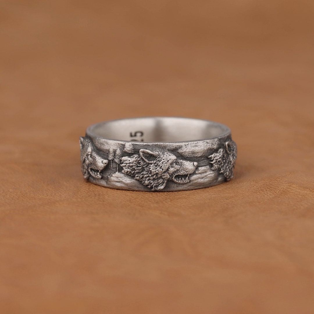 Sterling Silver Handmade Wolf Heads Engagement Ring, Eye-catching ...
