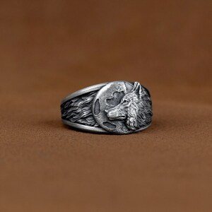 Unique Wolf Men Ring, Handmade Silver Wolf With Moon Ring, Scandinavian ...