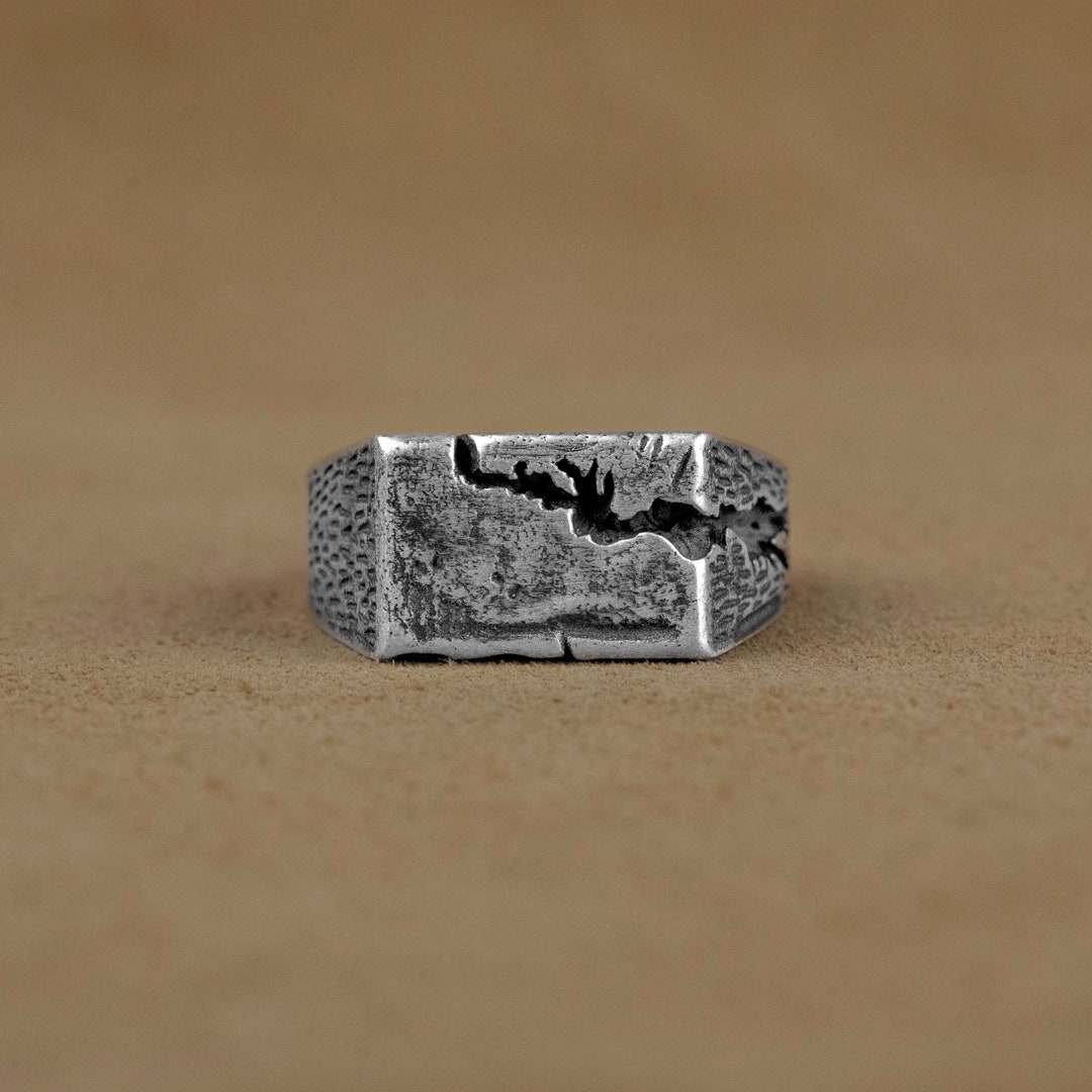 Hammered Broke Silver Men Ring, Engraved Broke Rock Pinky Ring ...