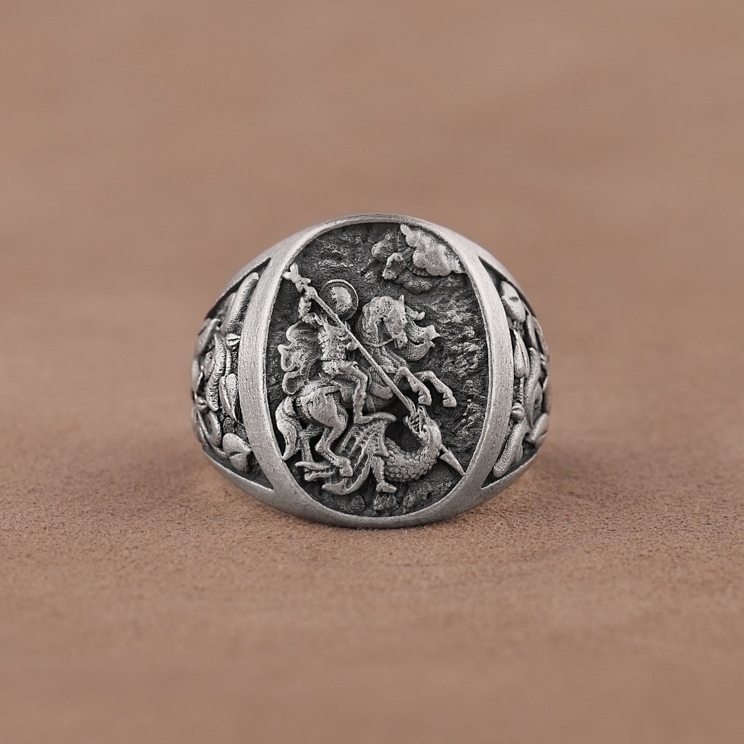 Saint George Defeating the Dragon Signet Ring, Oval Religious Ring, 925 ...