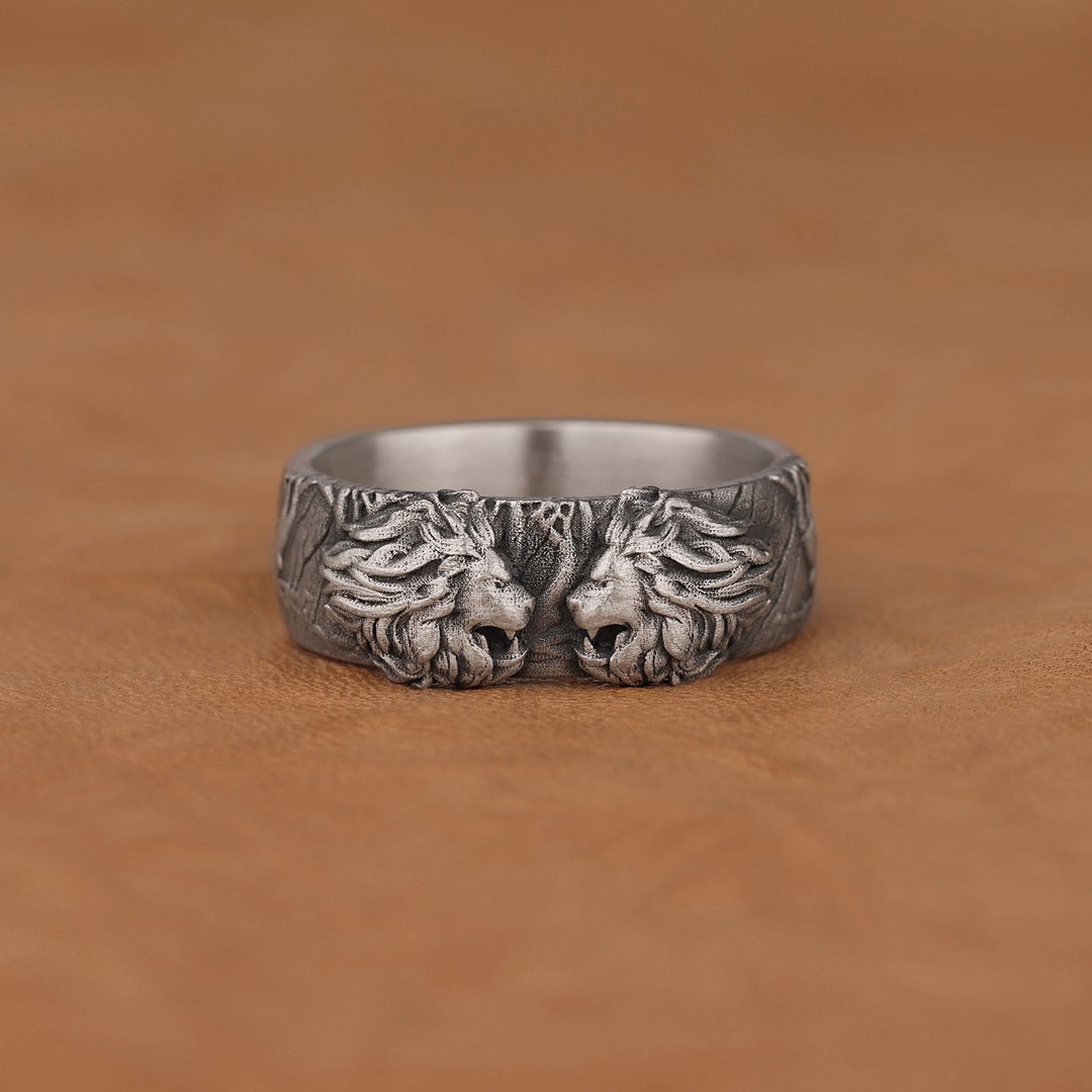 Two Maned Lion Heads Facing Each Other, 925 Sterling Silver Band Ring ...