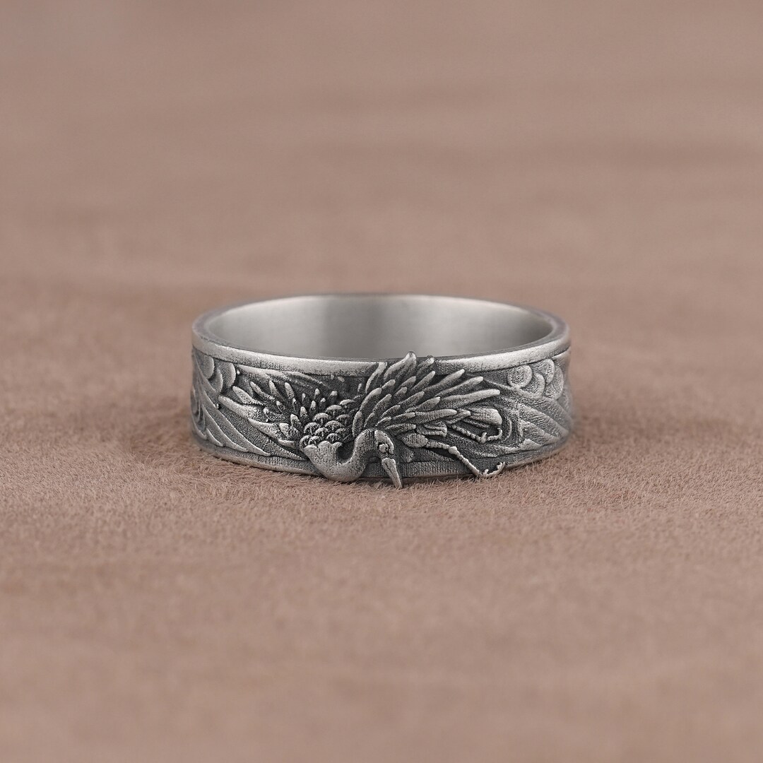 Grey Heron Ardea Cinerea Ring, Crane Bird Wedding Ring, East Asian ...