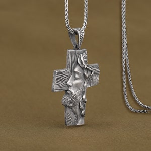 Handmade Silver Face of Jesus in Cross Necklace, Jesus Wearing Thorn of ...