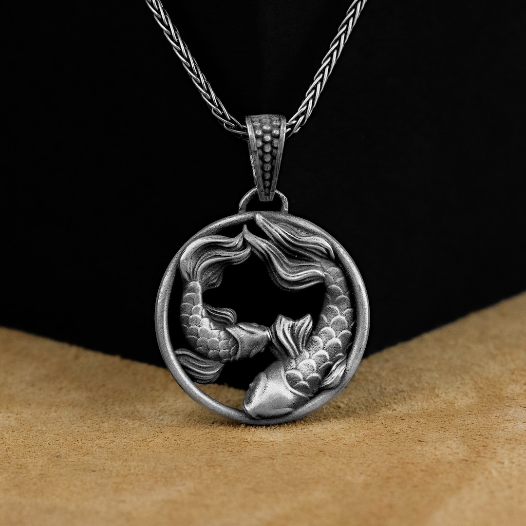 Pisces Pendant, Zodiac Sign Pisces Unique Silver Men Necklace, Engraved ...