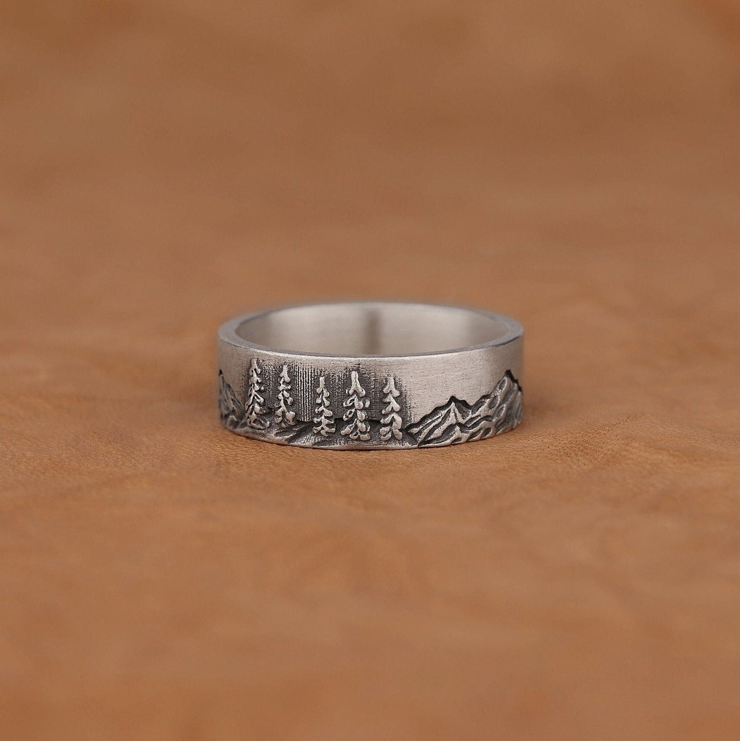 Mountains and Pine Trees Forest Art Ring Silver Ring, Minimalist 925 ...