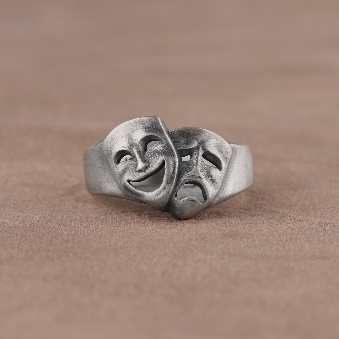 Theater Comedy and Tragedy Masks Ring, Theater Mask Silver Ring, Duel ...