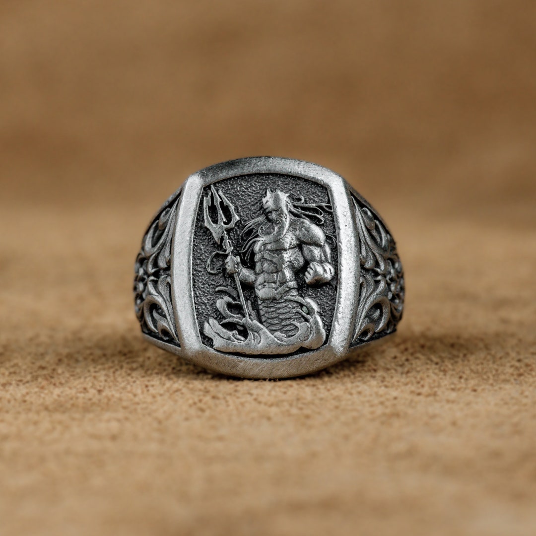 Greek God Poseidon Signet Silver Ring, Greek Mythology Men Jewelry ...