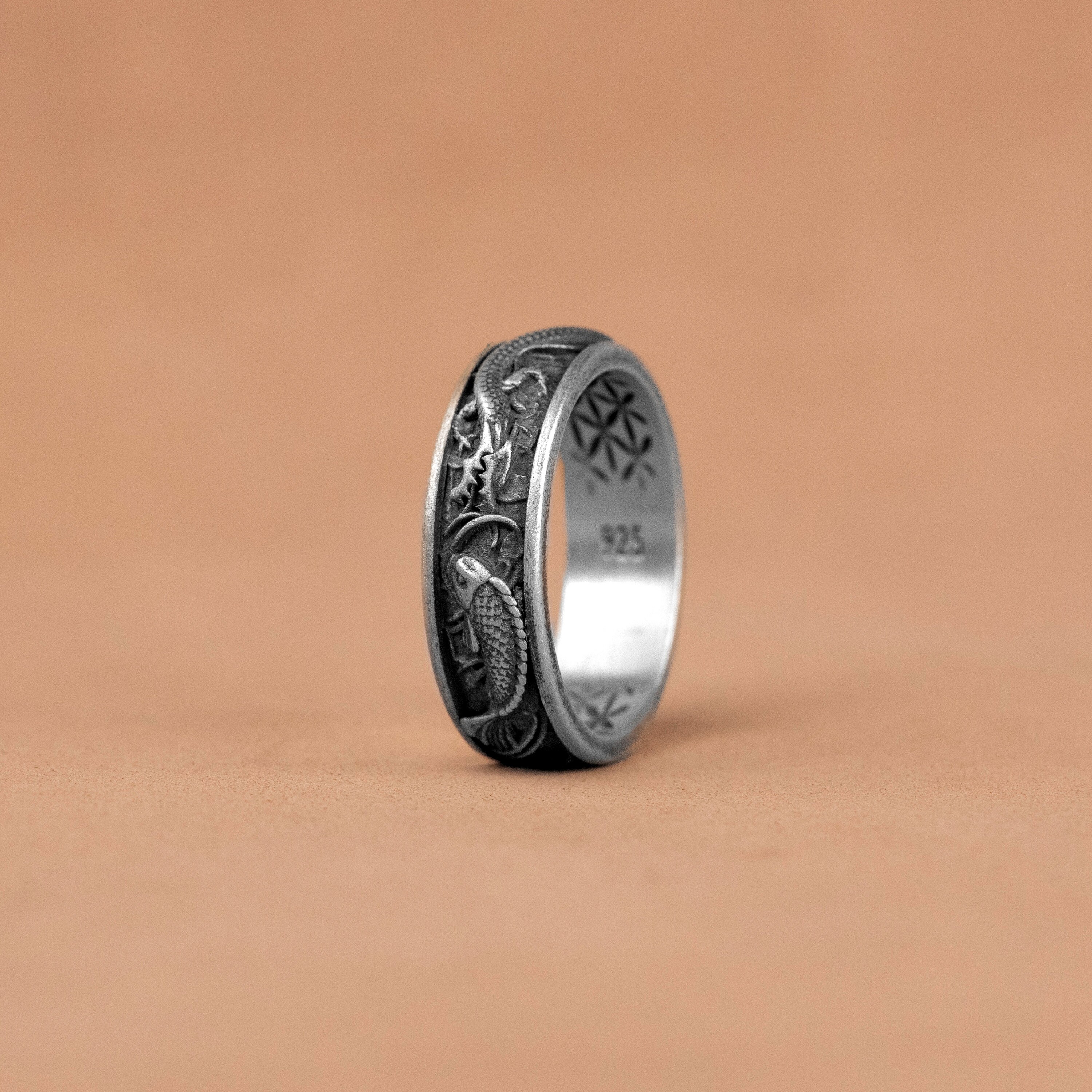 Dragon Vs Koi Carp Fish Silver Band Ring, Japanes Traditional Wedding ...
