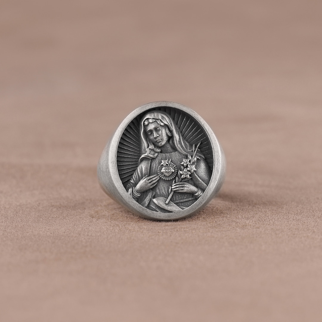 Saint Mary Sterling Silver Ring, 3D Silver Virgin Mary Signet Ring ...