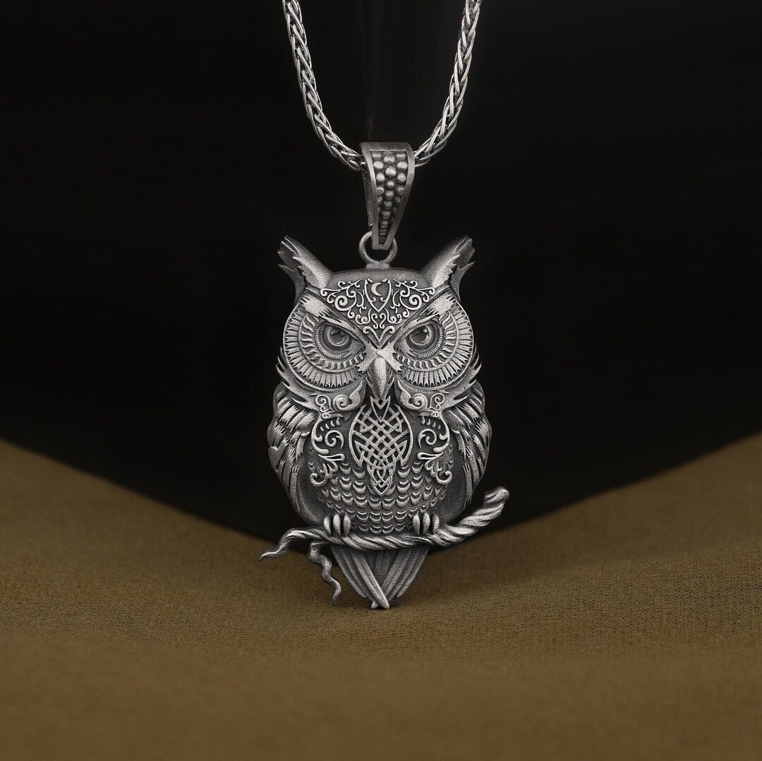 Celtic Knots Ornamented Owl Necklace, Sterling Silver Night Owl on the ...
