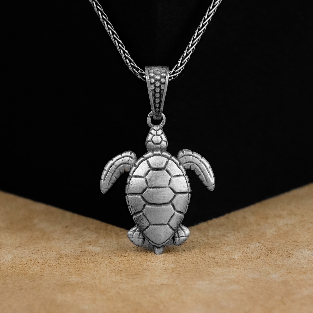 Turtle Pendant, Sea Turtle Caretta Silver Men Necklace, Silver Men ...
