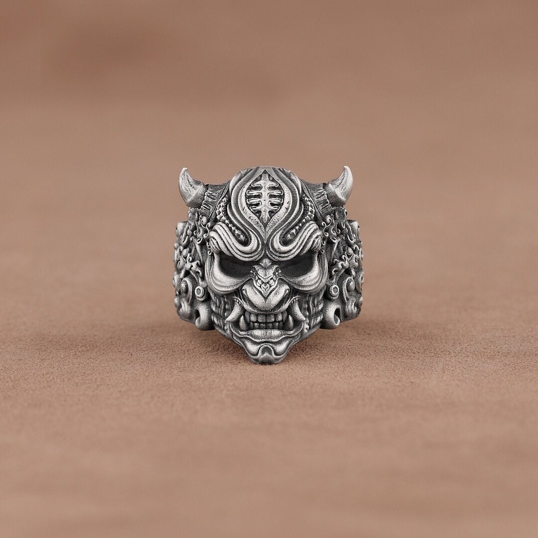 Japanese Hannya Mask Statement Ring, Handmade Sterling Silver Intricate ...