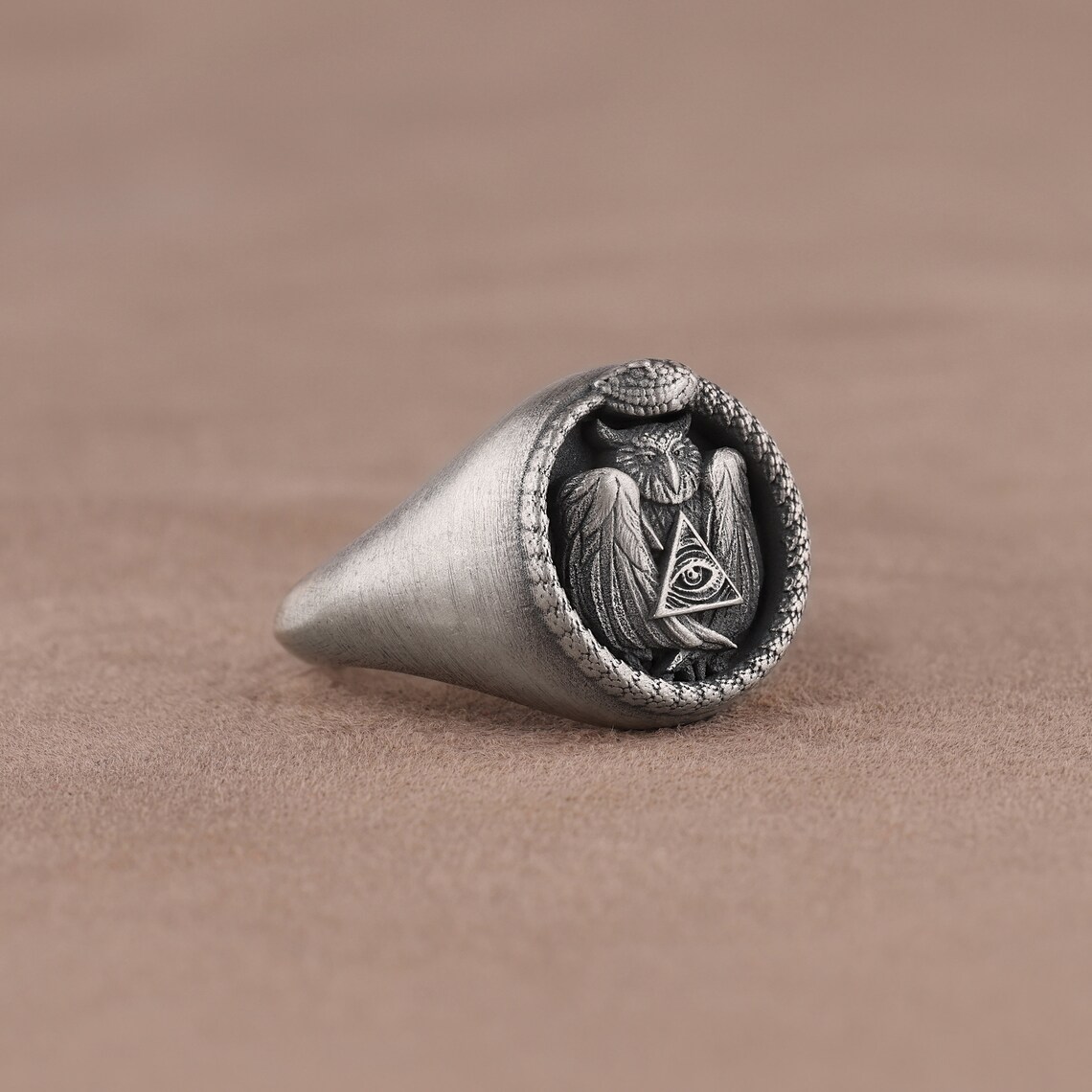 Snake Ouroboros Owl Eye of Providence Ring, Freemasonry Sign, Mens ...