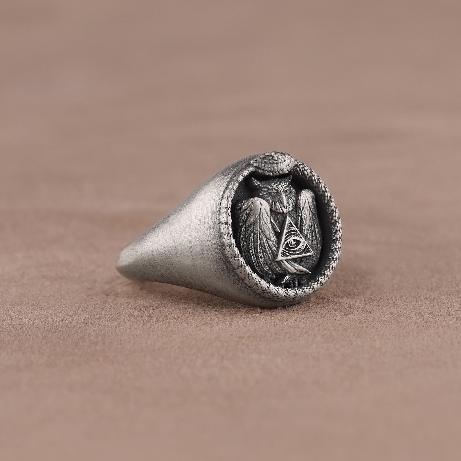 Snake Ouroboros Owl Eye of Providence Ring, Freemasonry Sign, Mens ...