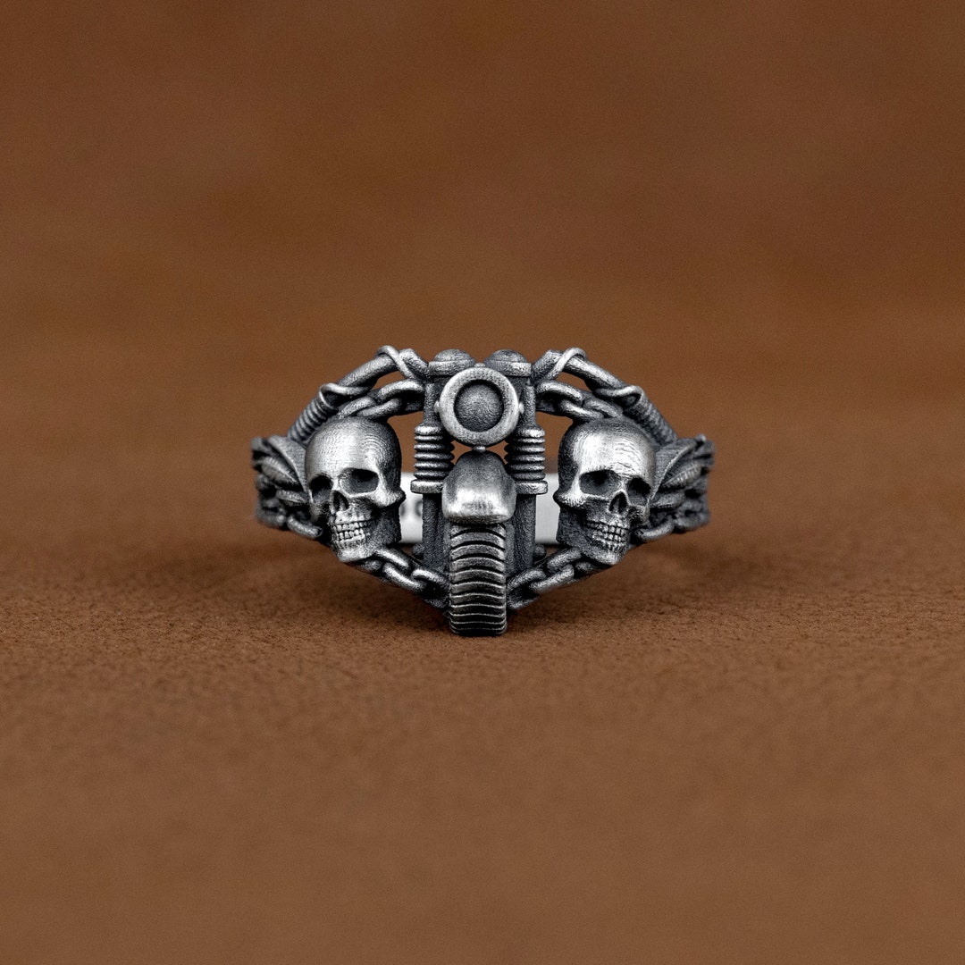 Stelring Silver Biker Skull Men Ring, Moto Chain Ring, Motorcycle Ring ...