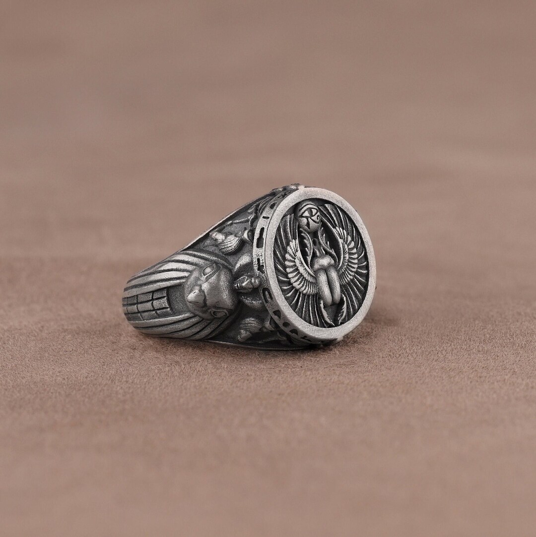 Horus Anubis Ring With 3D Scarab, Engraved Handmade Silver Mens Ring ...