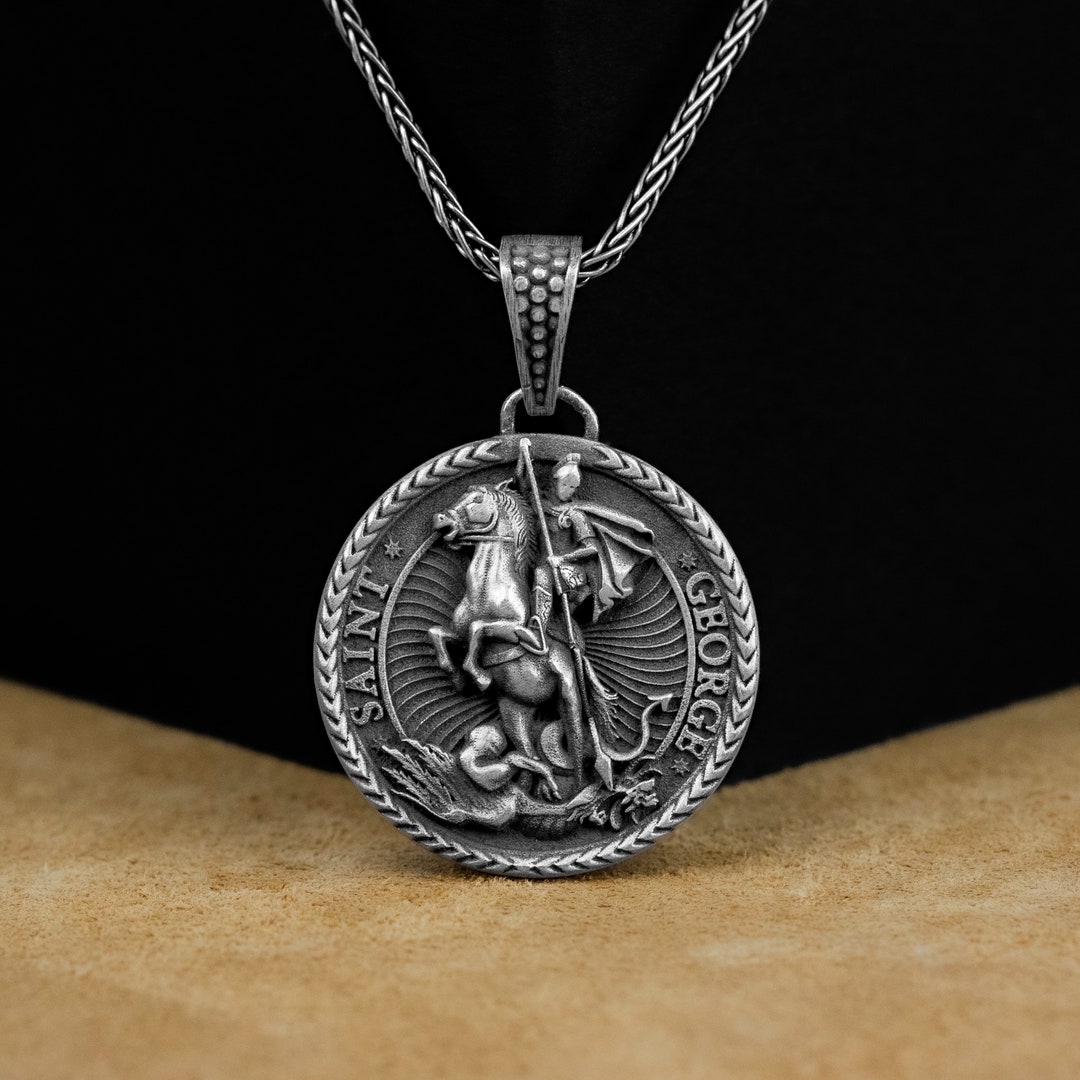 Saint George Pendant, St George and Serpent Silver Men Necklace, Uniqye ...