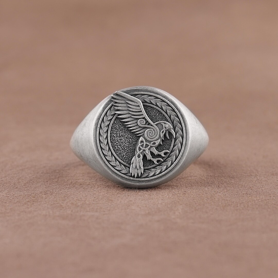 Odin's Raven of Prophecy Signet Ring, Celtic Knot Art Motif Pinky Ring ...