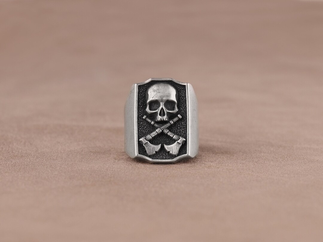 3D Skull and Axes Ring, Handmade Skull Ring, Gothic Skull Axes Silver ...