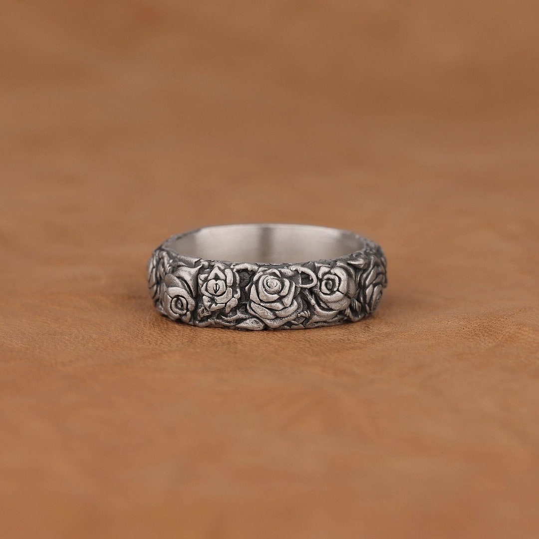Sterling Silver Rose Flower Engraved Wedding Ring for Couples, Elegant ...