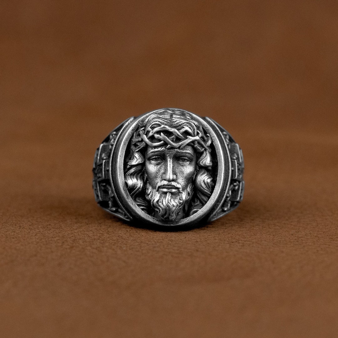Jesus Men Ring, Jesus With Crown of Thorns Men Sterling Silver Ring ...