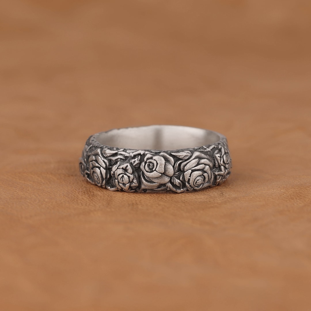 Sterling Silver Rose Flower Engraved Wedding Ring for Couples, Elegant ...