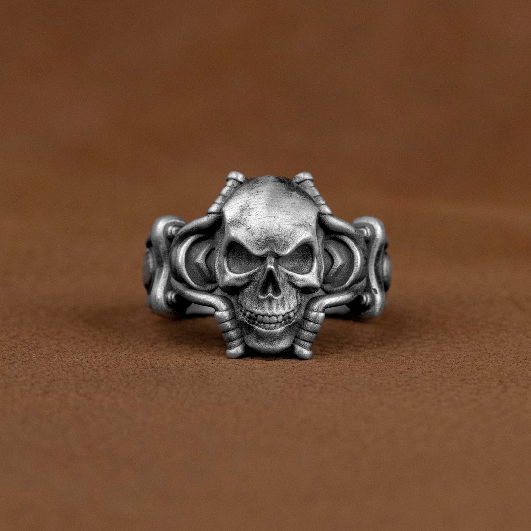 Silver Biker Ring, Motorcycle and Skull Biker Sterling Silver Ring ...