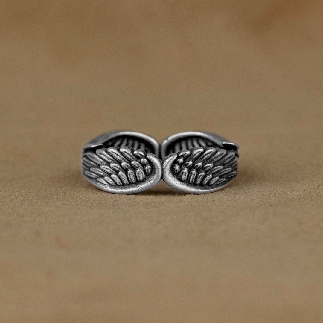 Engraved Angel Wings Silver Wedding Band Rings, Angel Wings Charm Band ...