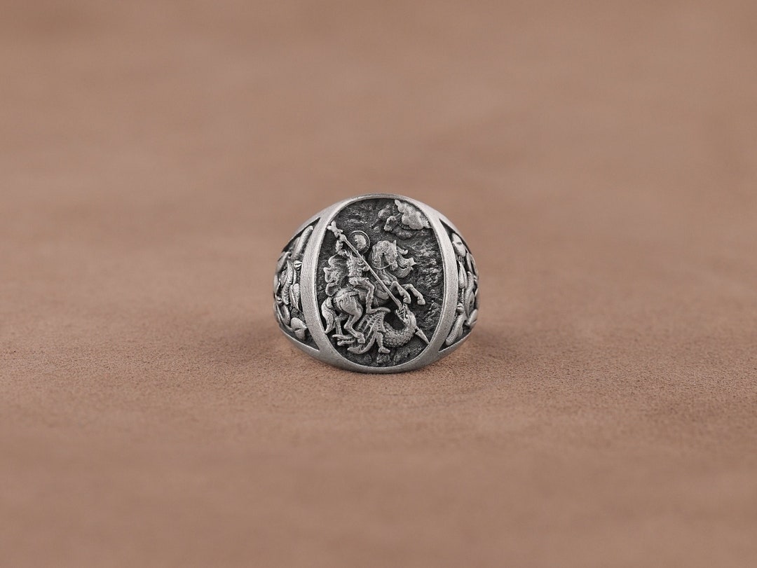 Saint George Defeating the Dragon Signet Ring, Oval Religious Ring, 925 ...