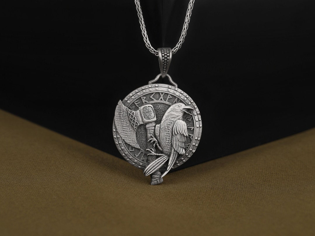 Norse Medallion With Runes Axe and Raven 925 Sterling Silver - Etsy