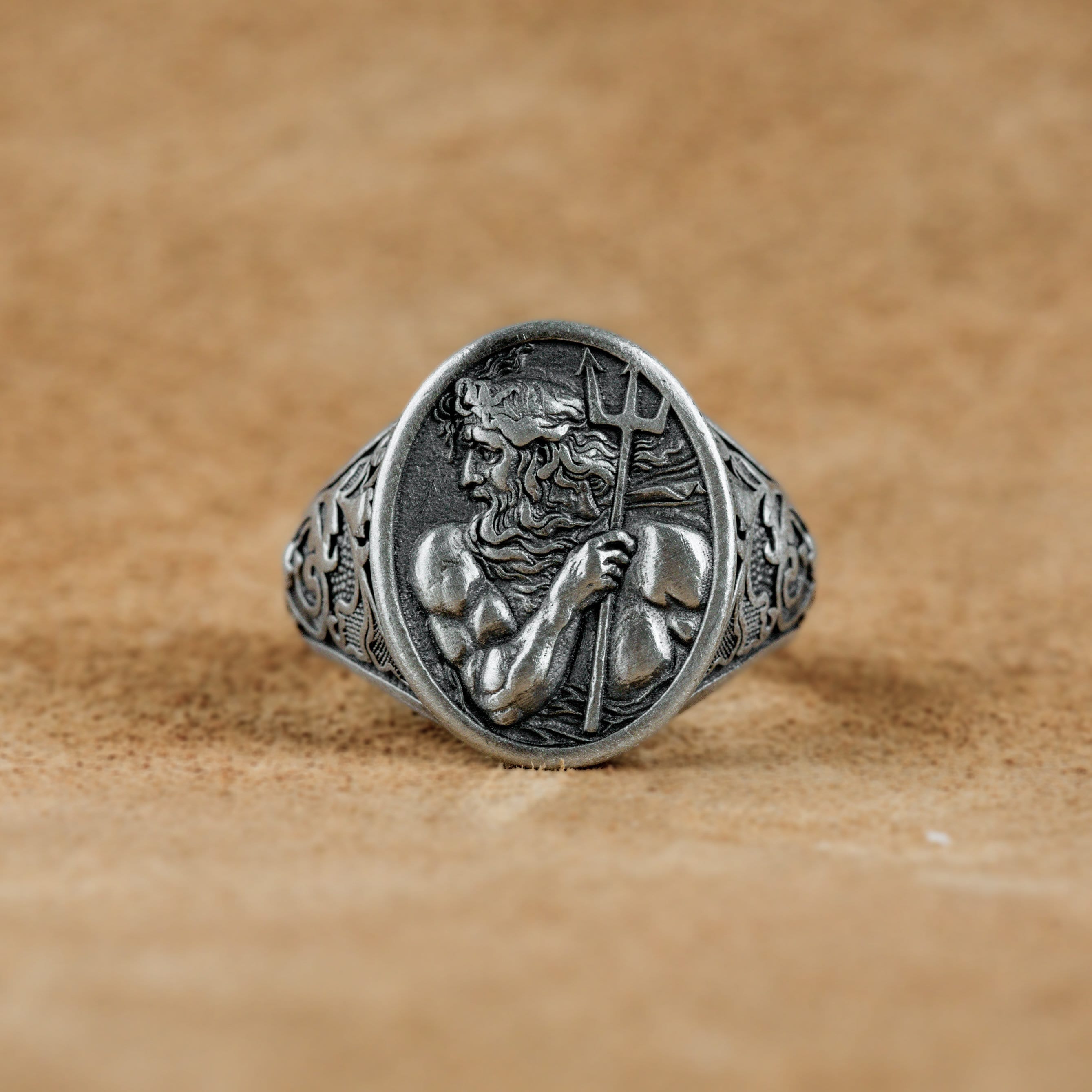 Silver Poseidon Men Ring, Ancient Greek God of the Sea Poseidon ...