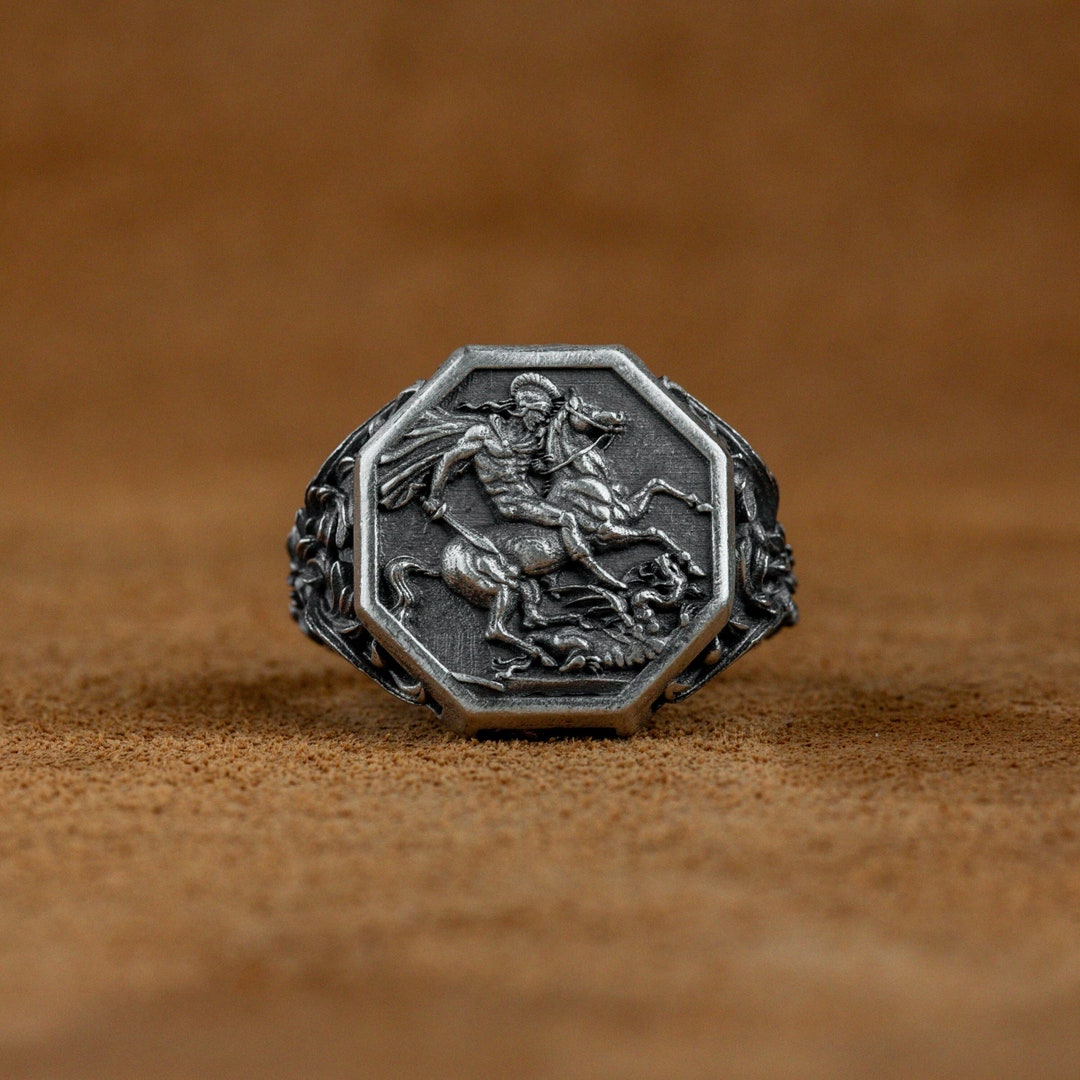 Saint George of Lydda Men Signet Ring, St George With Dragon Ring, St ...