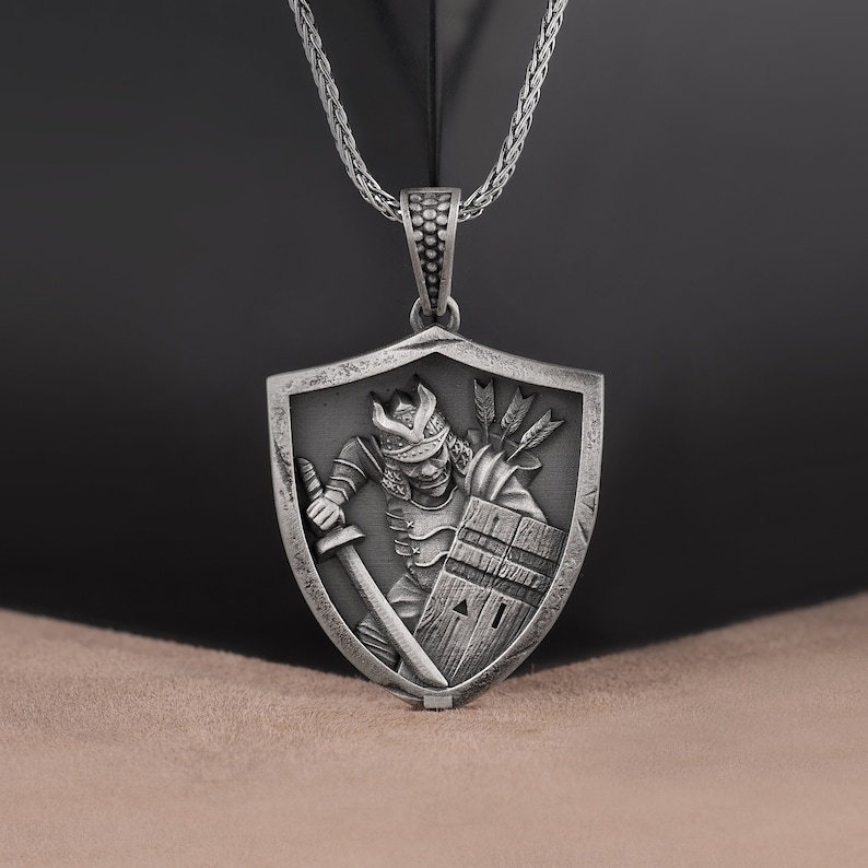 3D Samurai Pendant Necklace, Japanese Medieval Necklace for Dad, Silver ...