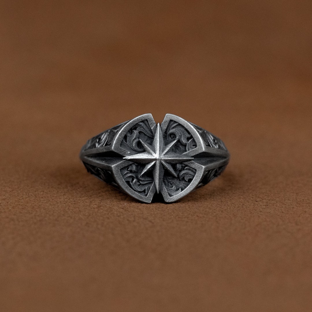 Compass Silver Ring, Windrose Star Compass Men Ring, Compass Traveler ...