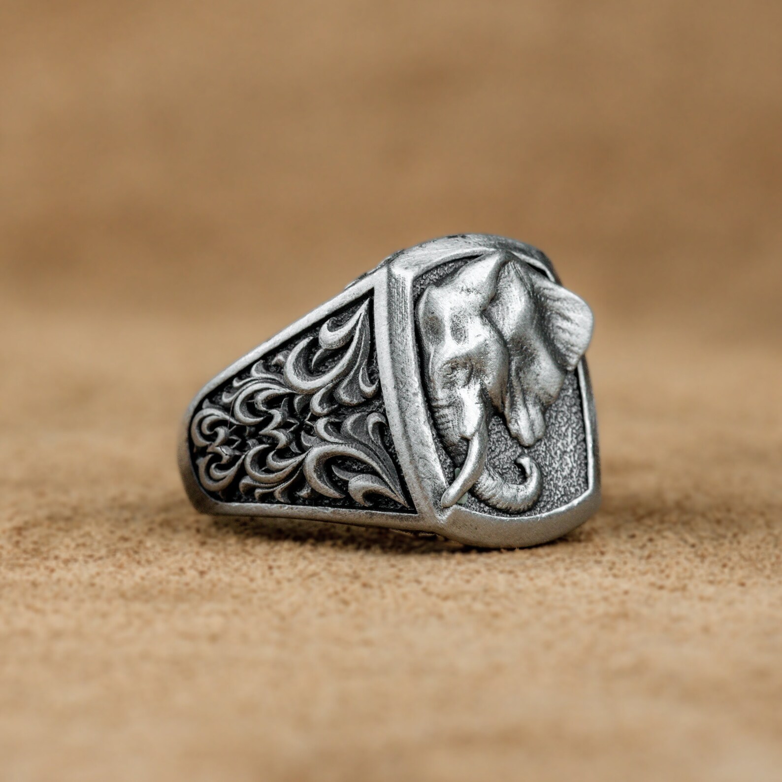 Handcrafted Elephant With Floral Pattern Men Silver Ring, Elephant ...