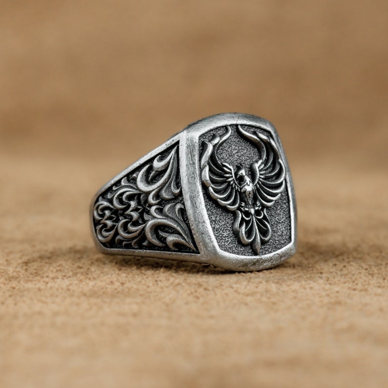 Signet Silver Phoenix Men Modern Ring, Phoenix Silver Ring, Greek ...