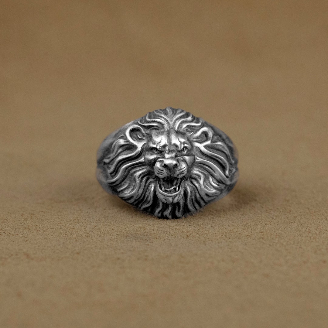 Engraved Lion Silver Men Ring, Sterling Silver Pinky Lion Head Ring ...