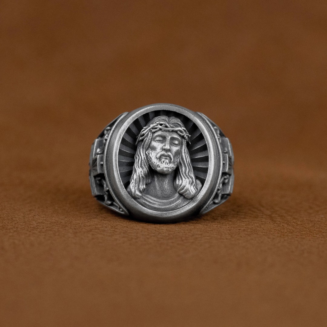 Crucifixion Jesus Silver Men Ring, Sterling Silver Crucifixion Jesus ...