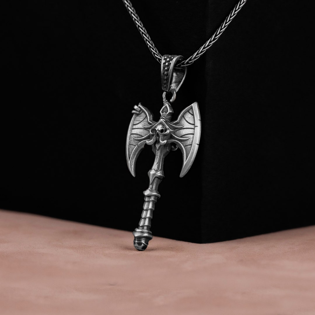 Unique Viking Battle Axe Pendant With Biker Skull, Oxidized Gothic ...