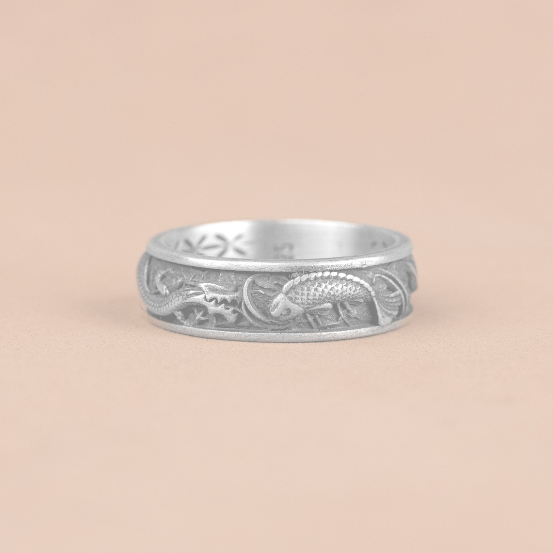 Dragon Vs Koi Carp Fish Silver Band Ring, Japanes Traditional Wedding ...