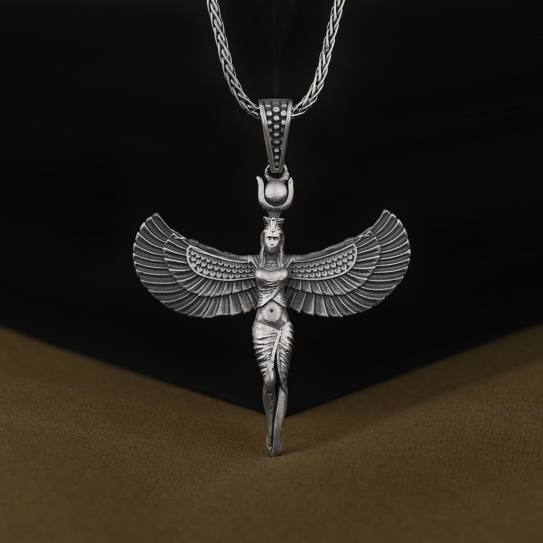 Silver Isis Men Necklace, Egyptian Winged Goddess Pendant, Egyptian ...