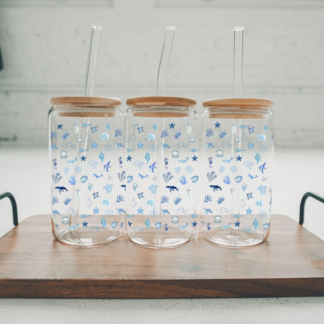 Coastal Sippy Cup Preppy Iced Coffee Cup Beach Glass Tumbler With Lid ...